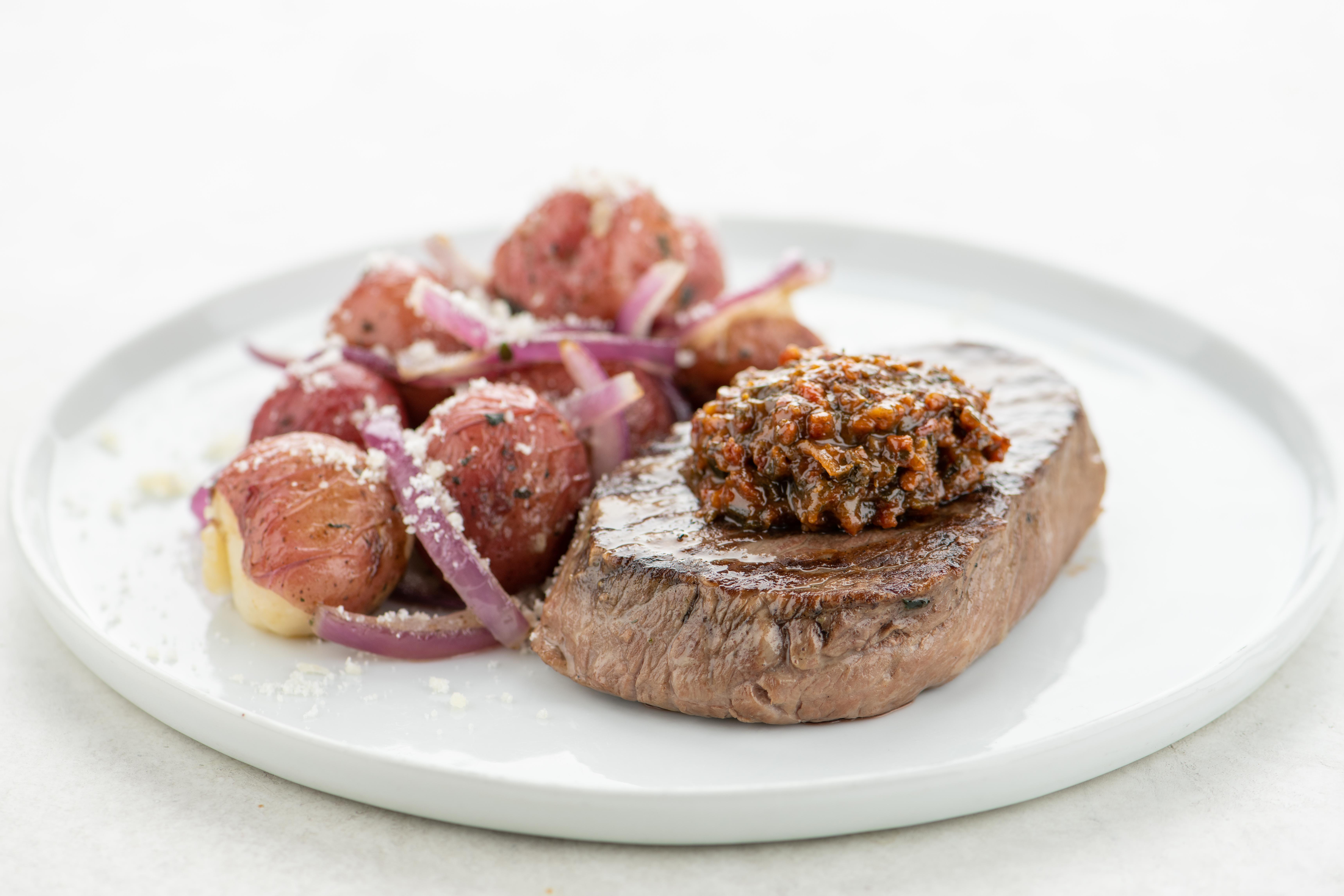 Grilled Tuscan Tomato Steak with Parmesan Potatoes Recipe - Home Chef