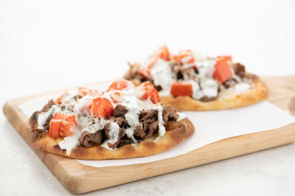 Steak Strip Gyro Mini Flatbreads with Mozzarella and Tzatziki Recipe ...