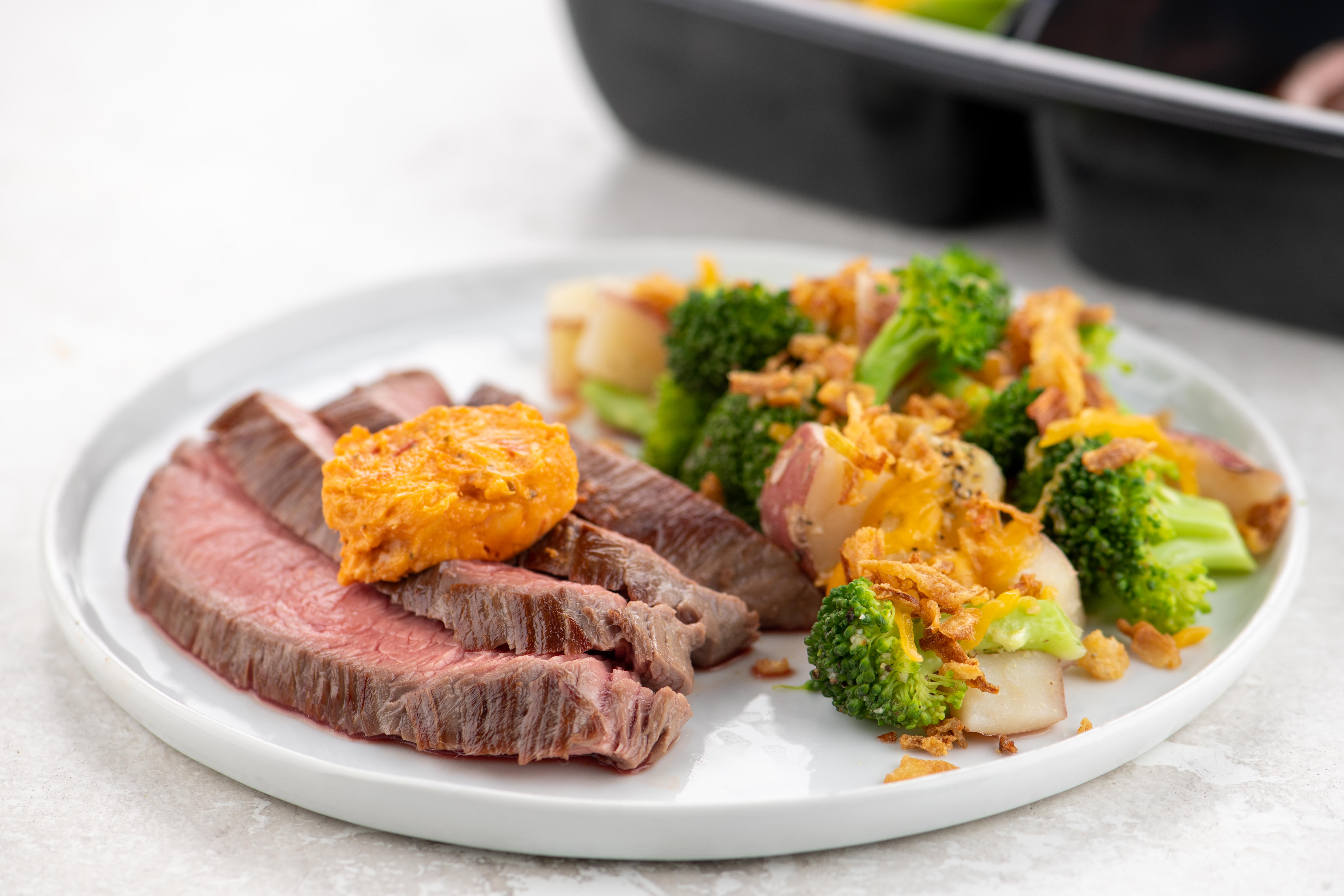 Flank Steak with Tomato Parmesan Butter and Broccoli Cheddar Potatoes ...