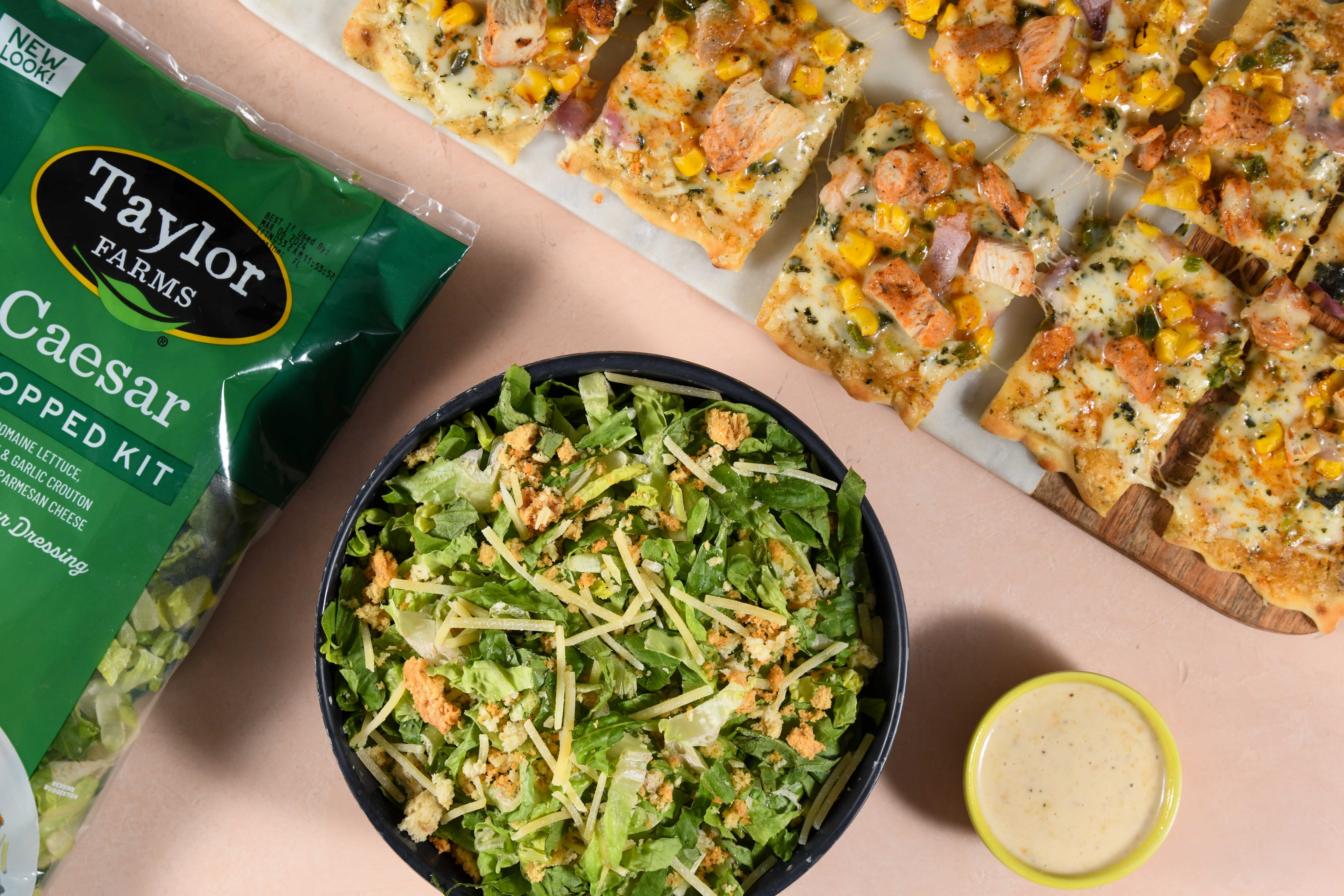 Caesar Chopped Salad & Mexican-Style Street Corn and Chicken Flatbread ...