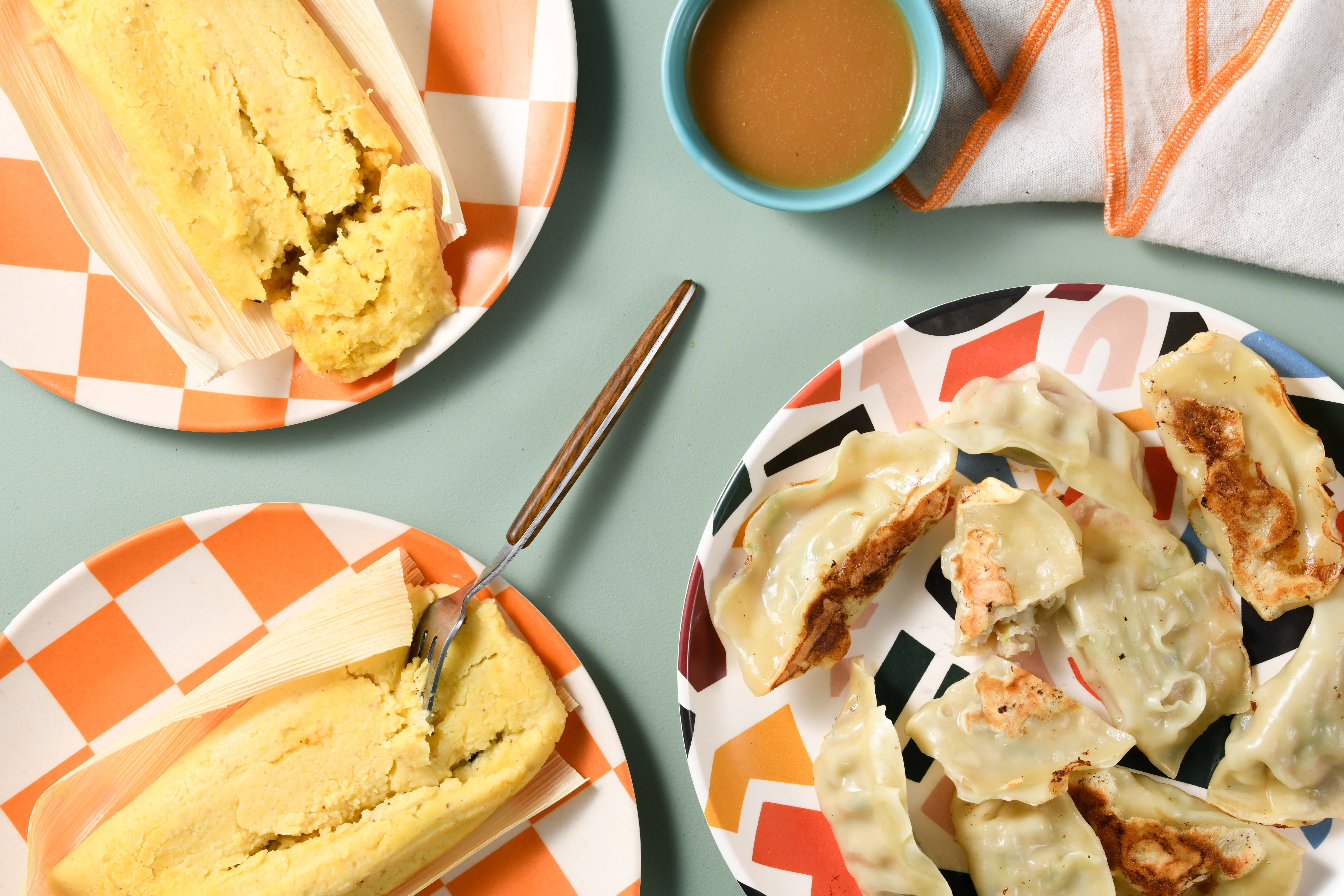 Pork & Shiitake Gyoza Dumplings & Green Chile & Cheese Tamales Recipe ...
