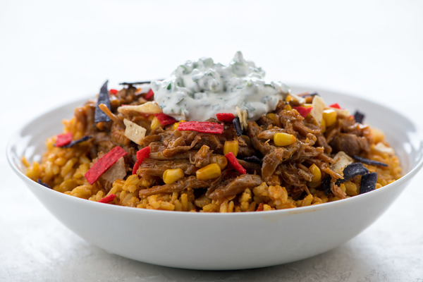 One-Pan Pulled Pork Rice Bowl with Cilantro Crema Recipe - Home Chef